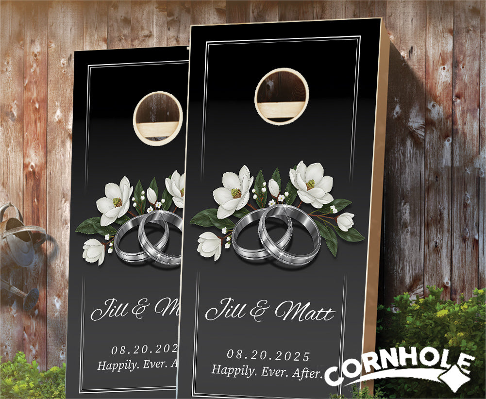 "Wedding Rings White Flowers on Black" Cornhole Boards – cornhole.com