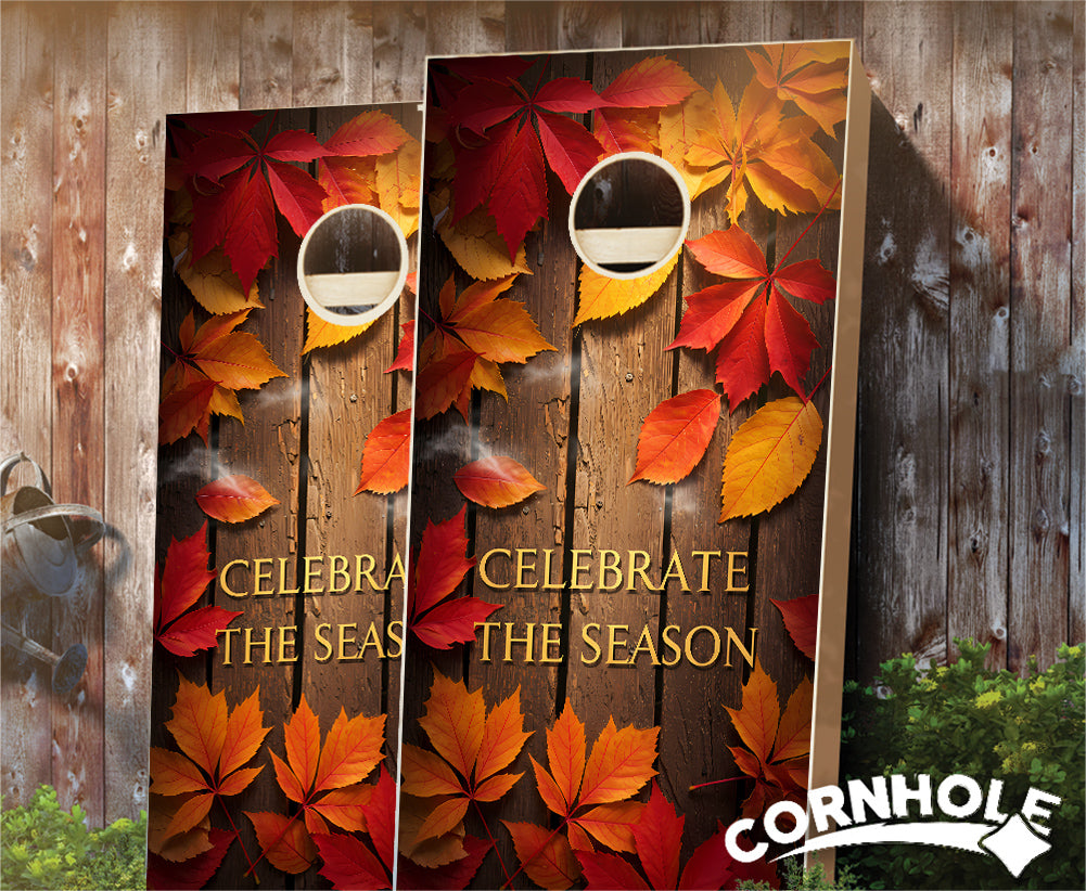 "Celebrate the Season - Fall Leaves on Wood Planks" Cornhole Boards ...