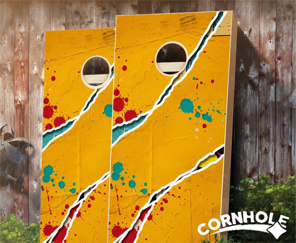 "Ripped Yellow Paper with Splatters" Cornhole Boards – cornhole.com