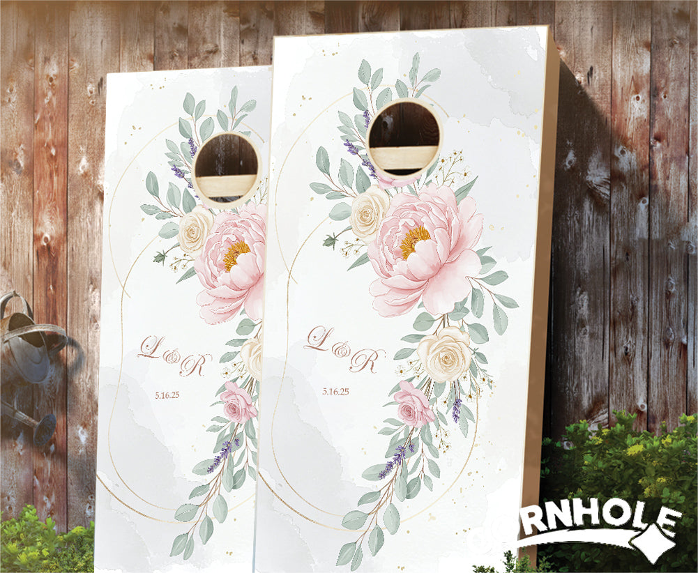 "Subtle Initials & Date with Rose Accent" Cornhole Boards – cornhole.com